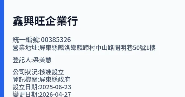 鑫興旺企業行的照片-統編 00385326(屏東縣) 公司登記資料與營業項目詳細圖表