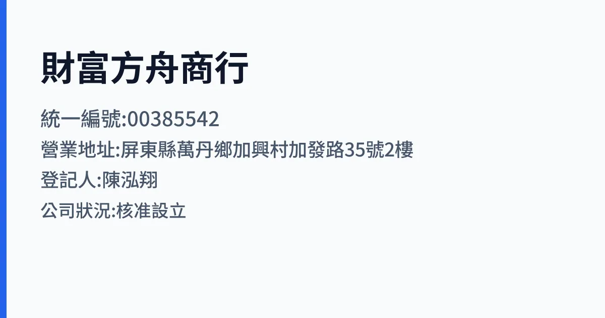 財富方舟商行 - 統編 00385542(屏東縣) 公司登記資料與營業項目詳細圖表