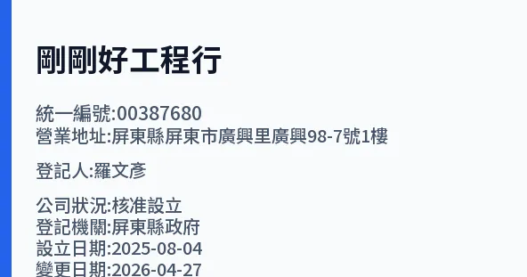 剛剛好工程行的照片-統編 00387680(屏東縣) 公司登記資料與營業項目詳細圖表