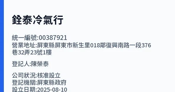 銓泰冷氣行的照片-統編 00387921(屏東縣) 公司登記資料與營業項目詳細圖表