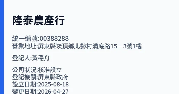隆泰農產行的照片-統編 00388288(屏東縣) 公司登記資料與營業項目詳細圖表