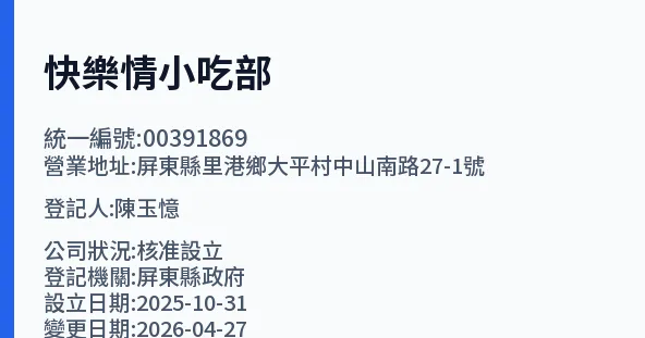快樂情小吃部的照片-統編 00391869(屏東縣) 公司登記資料與營業項目詳細圖表