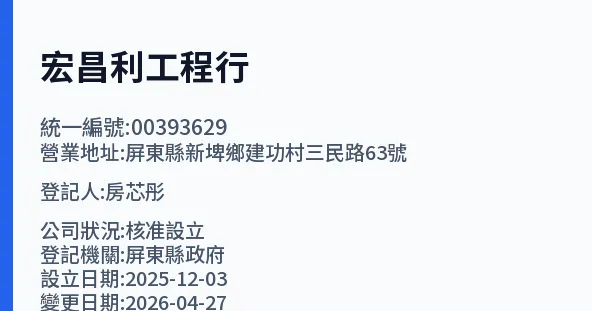 宏昌利工程行的照片-統編 00393629(屏東縣) 公司登記資料與營業項目詳細圖表