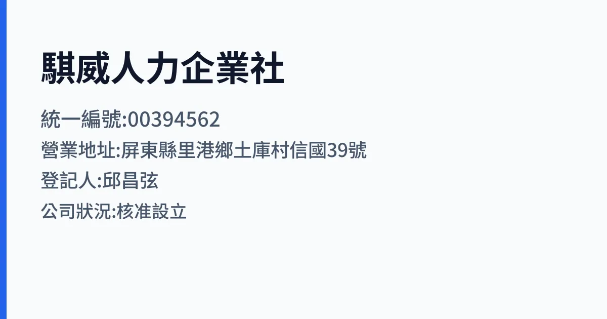 騏威人力企業社 - 統編 00394562(屏東縣) 公司登記資料與營業項目詳細圖表