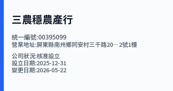 三農穩農產行的照片-統編 00395099(屏東縣) 公司登記資料與營業項目詳細圖表