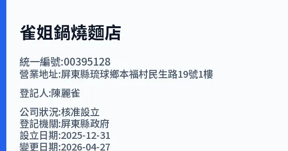 雀姐鍋燒麵店的照片-統編 00395128(屏東縣) 公司登記資料與營業項目詳細圖表