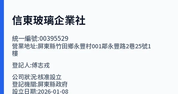 信東玻璃企業社的照片-統編 00395529(屏東縣) 公司登記資料與營業項目詳細圖表