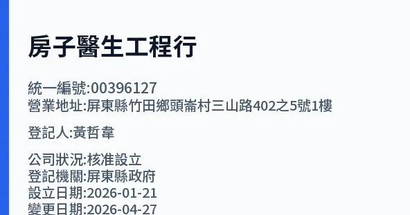 房子醫生工程行的照片-統編 00396127(屏東縣) 公司登記資料與營業項目詳細圖表
