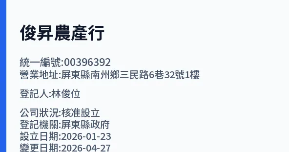 俊昇農產行的照片-統編 00396392(屏東縣) 公司登記資料與營業項目詳細圖表