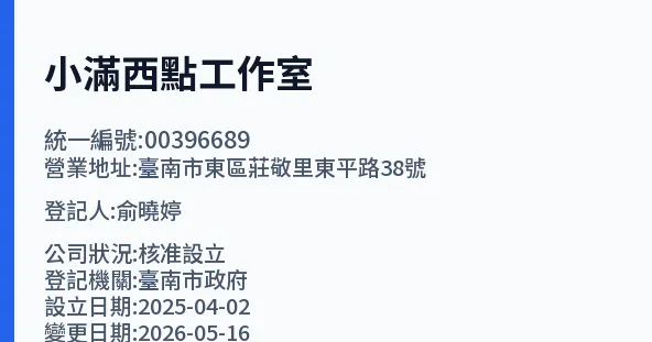 小滿西點工作室的照片-統編 00396689(臺南市) 公司登記資料與營業項目詳細圖表