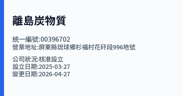 離島炭物質的照片-統編 00396702(屏東縣) 公司登記資料與營業項目詳細圖表