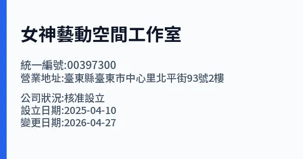 女神藝動空間工作室的照片-統編 00397300(臺東縣) 公司登記資料與營業項目詳細圖表
