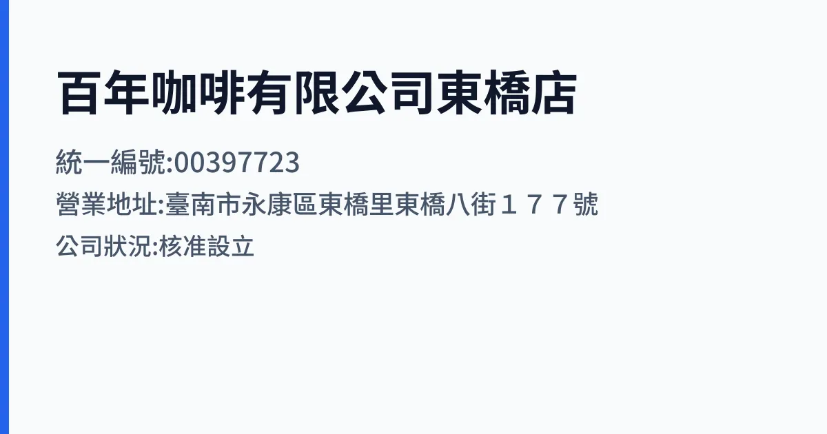 百年咖啡有限公司東橋店 - 統編 00397723（臺南市） 公司登記資料與營業項目詳細圖表