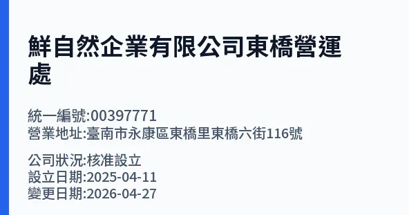 鮮自然企業有限公司東橋營運處的照片-統編 00397771(臺南市) 公司登記資料與營業項目詳細圖表