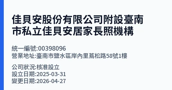 佳貝安股份有限公司附設臺南市私立佳貝安居家長照機構的照片-統編 00398096(臺南市) 公司登記資料與營業項目詳細圖表