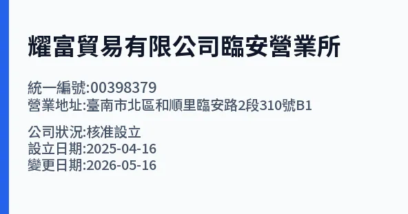 耀富貿易有限公司臨安營業所的照片-統編 00398379(臺南市) 公司登記資料與營業項目詳細圖表