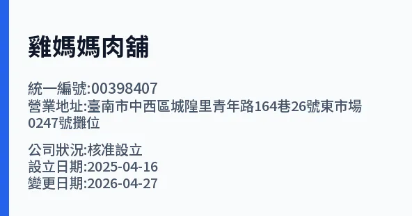 雞媽媽肉舖的照片-統編 00398407(臺南市) 公司登記資料與營業項目詳細圖表