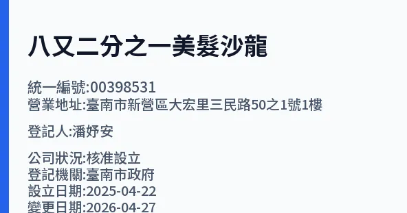 八又二分之一美髮沙龍的照片-統編 00398531(臺南市) 公司登記資料與營業項目詳細圖表