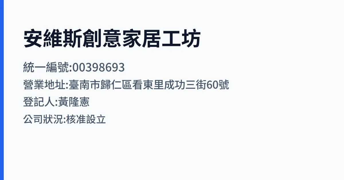 安維斯創意家居工坊 - 統編 00398693(臺南市) 公司登記資料與營業項目詳細圖表
