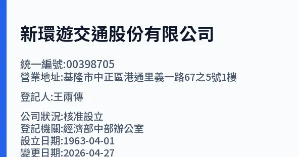新環遊交通股份有限公司的照片-統編 00398705(基隆市) 公司登記資料與營業項目詳細圖表
