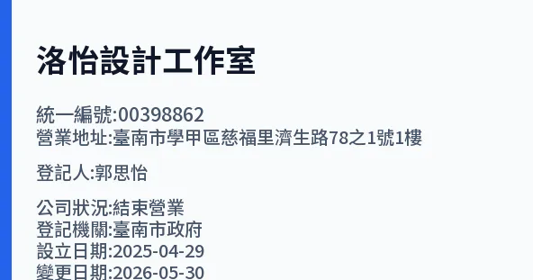洛怡設計工作室的照片-統編 00398862(臺南市) 公司登記資料與營業項目詳細圖表