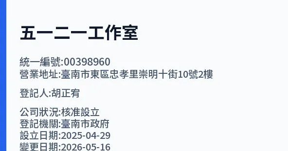 五一二一工作室的照片-統編 00398960(臺南市) 公司登記資料與營業項目詳細圖表