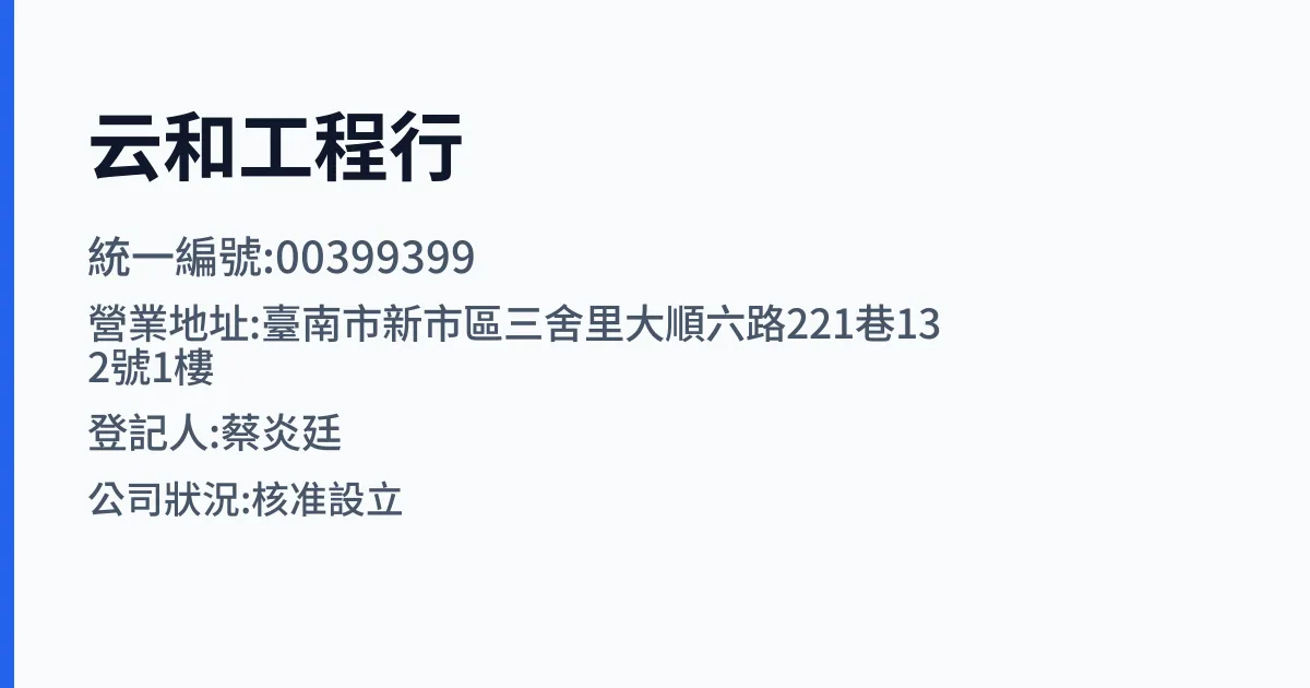 云和工程行 - 統編 00399399(臺南市) 公司登記資料與營業項目詳細圖表
