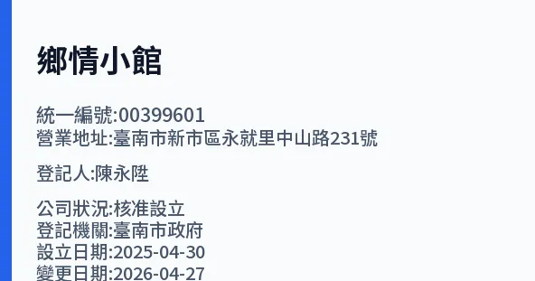 鄉情小館的照片-統編 00399601(臺南市) 公司登記資料與營業項目詳細圖表