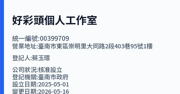 好彩頭個人工作室的照片-統編 00399709(臺南市) 公司登記資料與營業項目詳細圖表