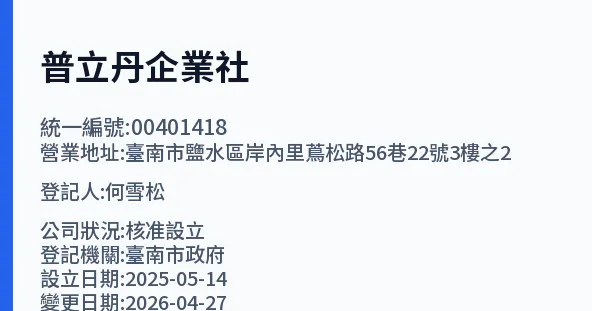 普立丹企業社的照片-統編 00401418(臺南市) 公司登記資料與營業項目詳細圖表