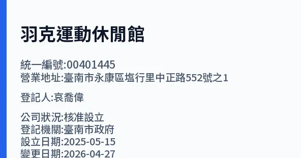 羽克運動休閒館的照片-統編 00401445(臺南市) 公司登記資料與營業項目詳細圖表