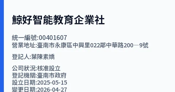 鯨好智能教育企業社的照片-統編 00401607(臺南市) 公司登記資料與營業項目詳細圖表