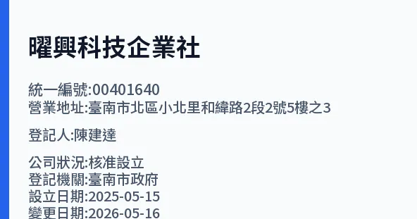曜興科技企業社的照片-統編 00401640(臺南市) 公司登記資料與營業項目詳細圖表