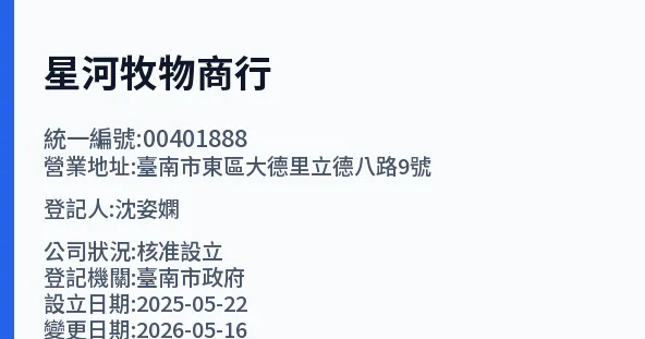 星河牧物商行的照片-統編 00401888(臺南市) 公司登記資料與營業項目詳細圖表