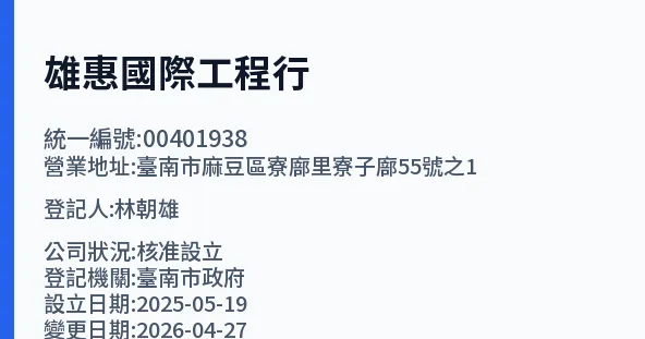 雄惠國際工程行的照片-統編 00401938(臺南市) 公司登記資料與營業項目詳細圖表