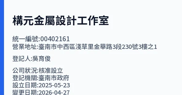 構元金屬設計工作室的照片-統編 00402161(臺南市) 公司登記資料與營業項目詳細圖表