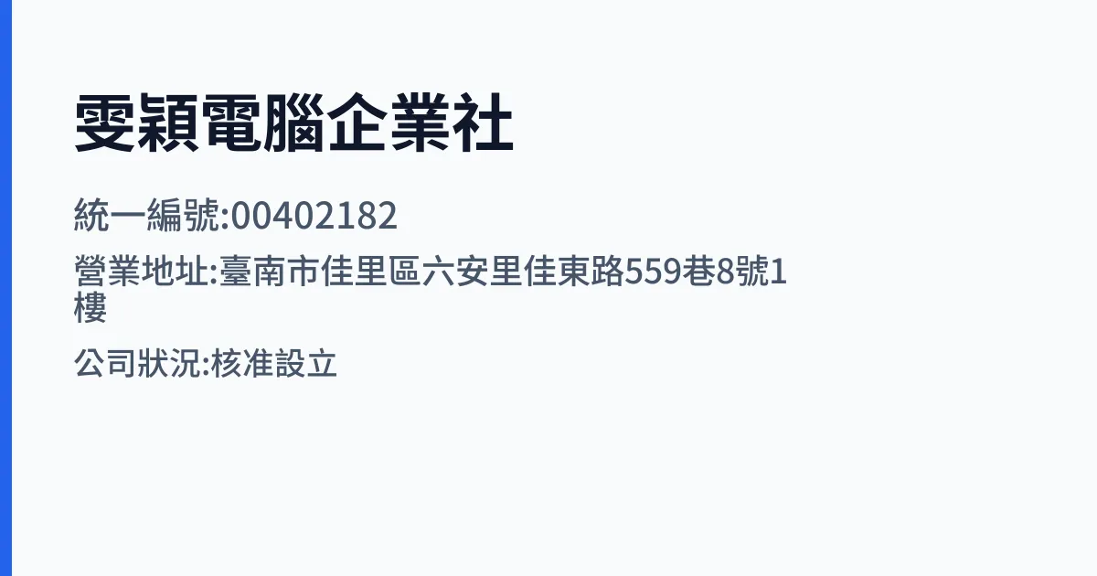 雯穎電腦企業社 - 統編 00402182(臺南市) 公司登記資料與營業項目詳細圖表