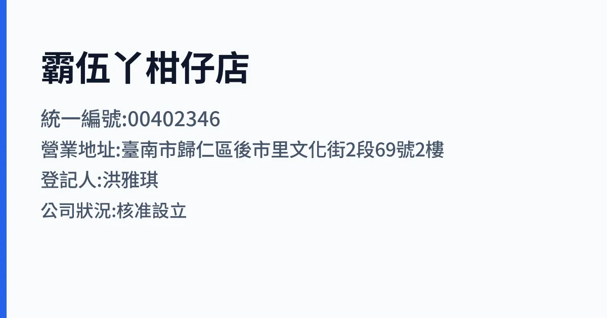 霸伍丫柑仔店 - 統編 00402346(臺南市) 公司登記資料與營業項目詳細圖表