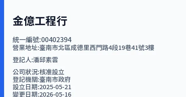 金億工程行的照片-統編 00402394(臺南市) 公司登記資料與營業項目詳細圖表