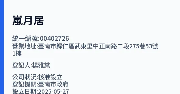 嵐月居的照片-統編 00402726(臺南市) 公司登記資料與營業項目詳細圖表
