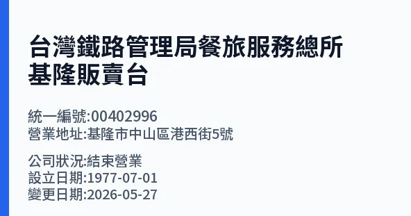 台灣鐵路管理局餐旅服務總所基隆販賣台的照片-統編 00402996(基隆市) 公司登記資料與營業項目詳細圖表