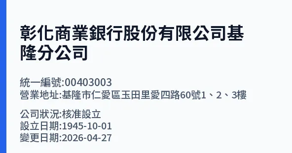 彰化商業銀行股份有限公司基隆分公司的照片-統編 00403003(基隆市) 公司登記資料與營業項目詳細圖表