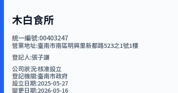 木白食所的照片-統編 00403247(臺南市) 公司登記資料與營業項目詳細圖表