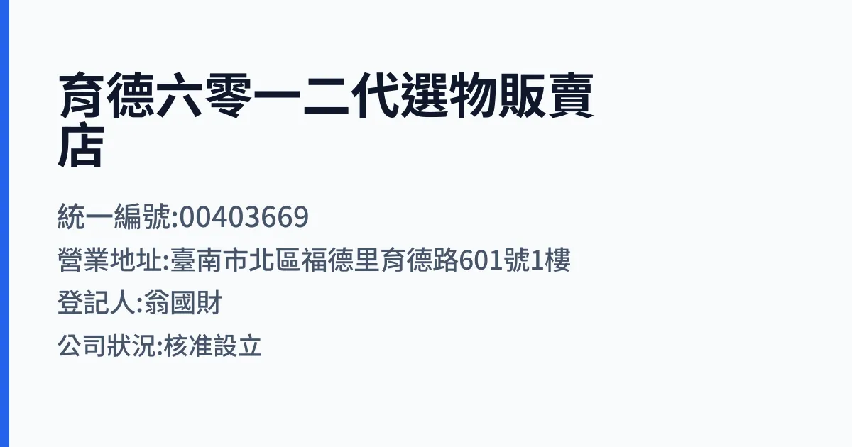 育德六零一二代選物販賣店 - 統編 00403669(臺南市) 公司登記資料與營業項目詳細圖表