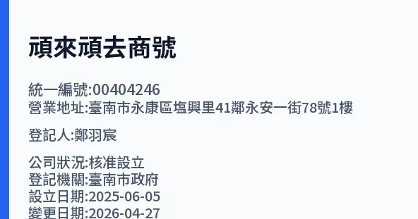 頑來頑去商號的照片-統編 00404246(臺南市) 公司登記資料與營業項目詳細圖表