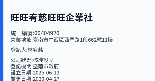 旺旺宥慈旺旺企業社的照片-統編 00404920(臺南市) 公司登記資料與營業項目詳細圖表