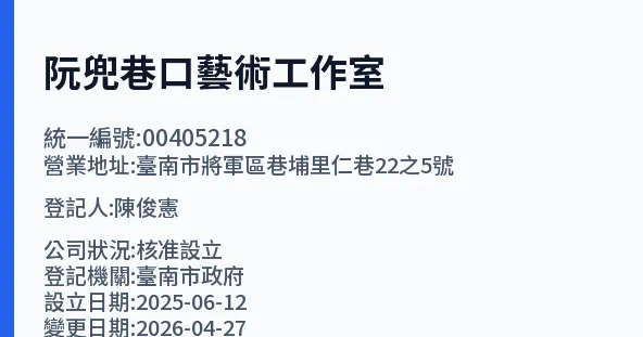 阮兜巷口藝術工作室的照片-統編 00405218(臺南市) 公司登記資料與營業項目詳細圖表