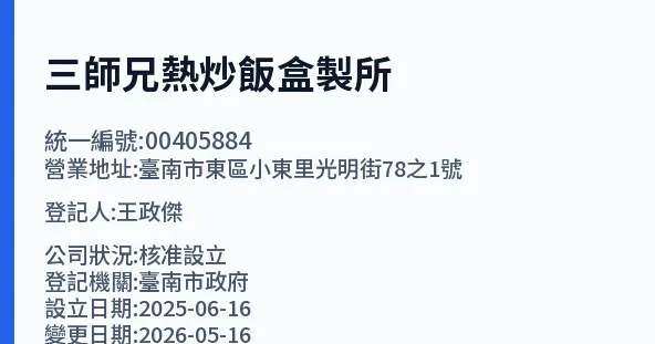 三師兄熱炒飯盒製所的照片-統編 00405884(臺南市) 公司登記資料與營業項目詳細圖表