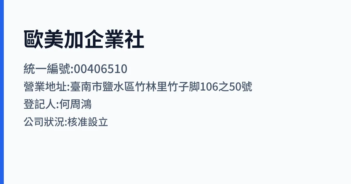 歐美加企業社 - 統編 00406510(臺南市) 公司登記資料與營業項目詳細圖表