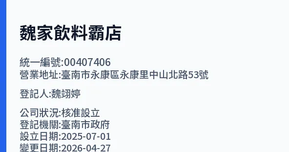 魏家飲料霸店的照片-統編 00407406(臺南市) 公司登記資料與營業項目詳細圖表